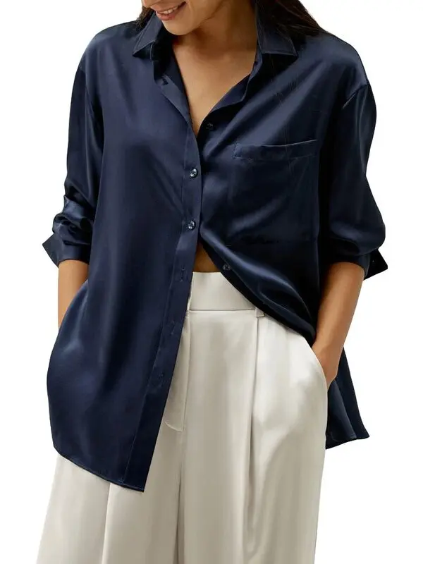 Lilysilk Casual Spread Collar Silk Shirt - Navy Blue