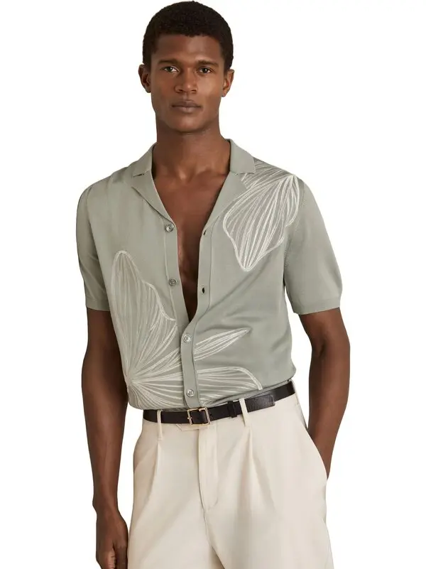 REISS Laurent Flower Embroidered Knit Shirt - Soft Sage