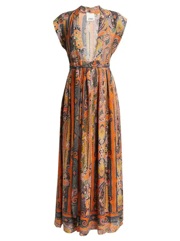 Isabel Marant Melissa Plunging Paisley Striped Silk Maxi Dress - Orange