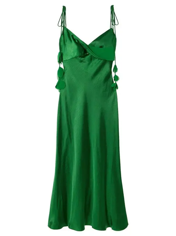 SELF-PORTRAIT Appliquéd Georgette-trimmed Draped Satin Midi Dress - Green