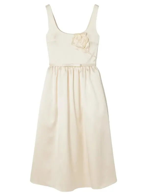 SELF-PORTRAIT Appliquéd Belted Satin Midi Dress - Cream