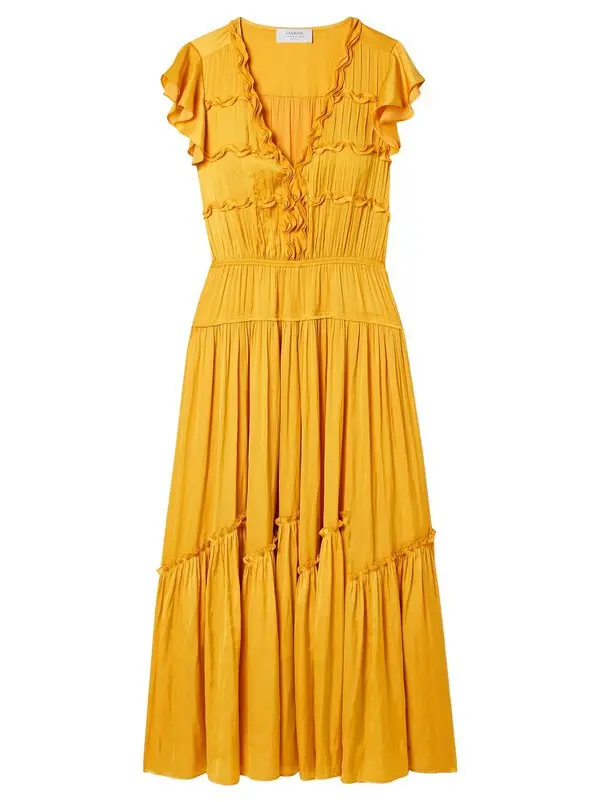 LA LIGNE Pintucked Ruffled Satin Midi Dress - Yellow