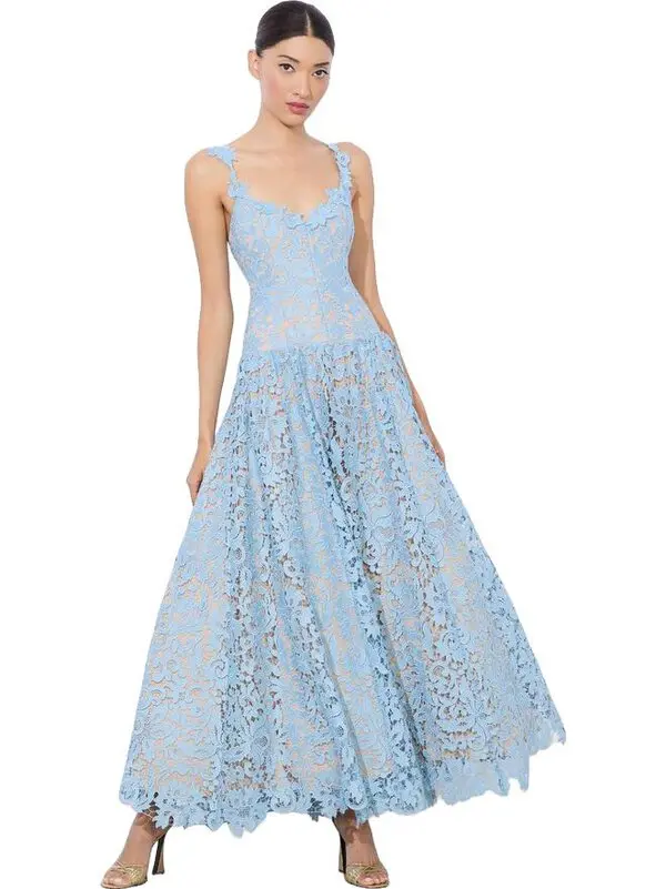 Alice + Olivia Anabella Floral Lace Drop Waist Midi Dress - Blue