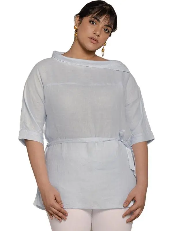 REISTOR Asymmetrical Button-down Top With Sash - Blue