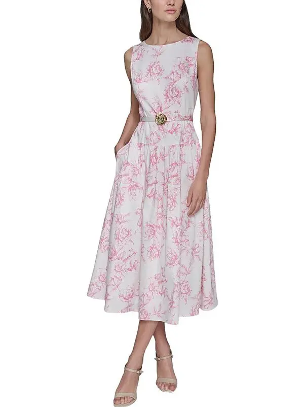 Karl Lagerfeld Paris Printed Sleeveless Midi Dress - Soft White/pink Sherbert