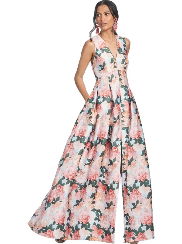 Sachin & Babi Brooke Printed Mikado Gown - Peach Peonies
