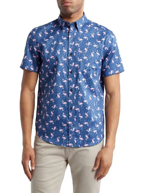 Johnston & Murphy Flamingo Print Short Sleeve Button Up Shirt - Navy/ Pink