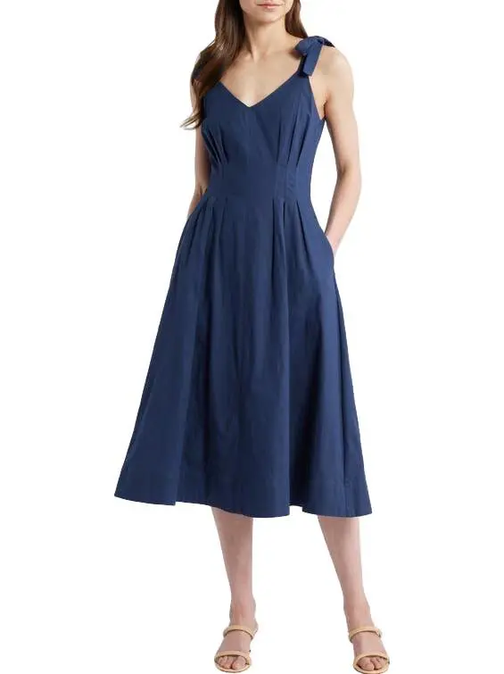 QUINCY MAE Tie Strap Cotton Midi Dress - Navy