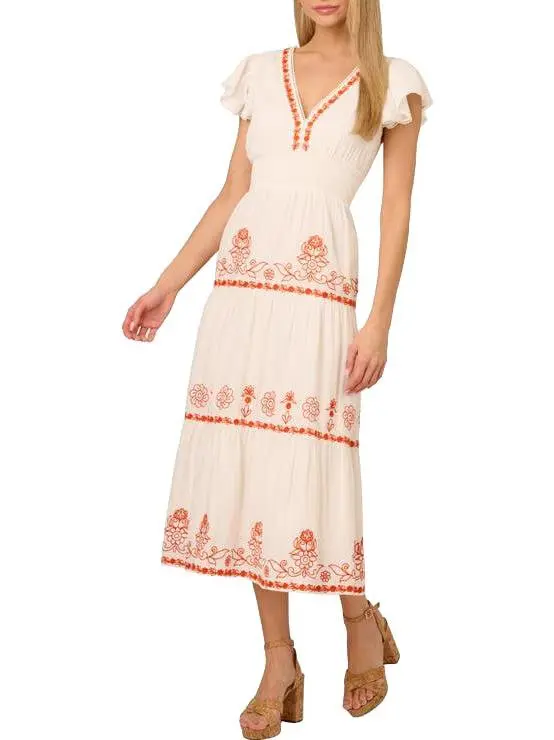 Adrianna Papell Embroidered Smocked Waist Cotton Maxi Dress - Ivory/ Red Multi
