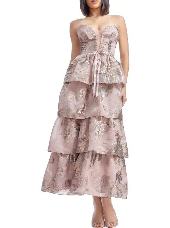 Dress The Population Savannah Metallic Strapless Gown - Rose Gold Multi