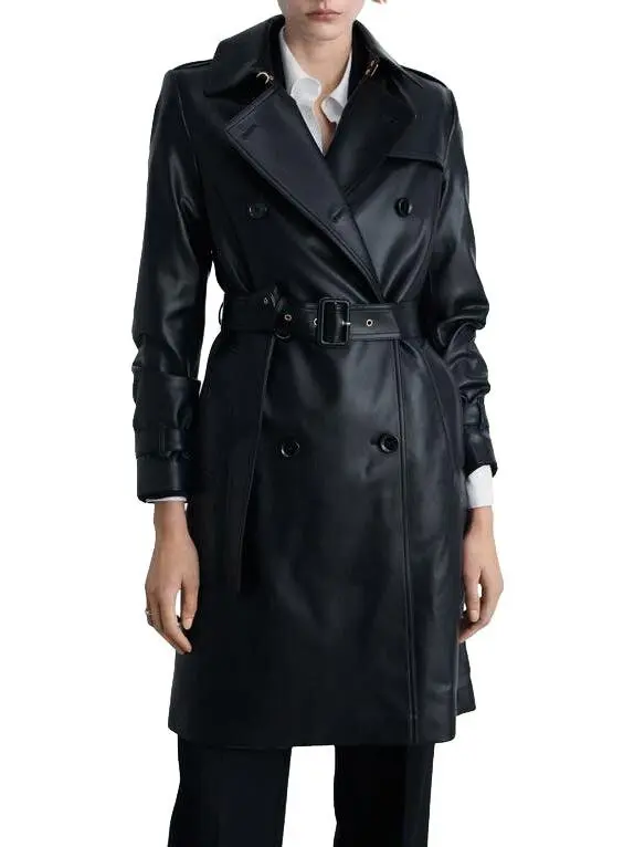 Mango Double-breasted Belted Faux Leather Trench Coat - Black