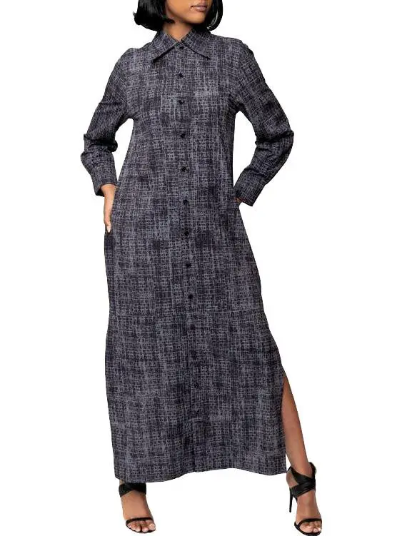 DAI MODA Bali Abstract Print Long Sleeve Double Slit Maxi Shirtdress - Charcoal