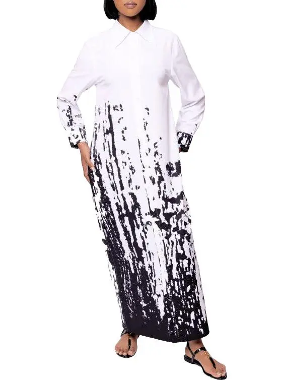 DAI MODA Bali Print Long Sleeve Maxi Shirtdress - White