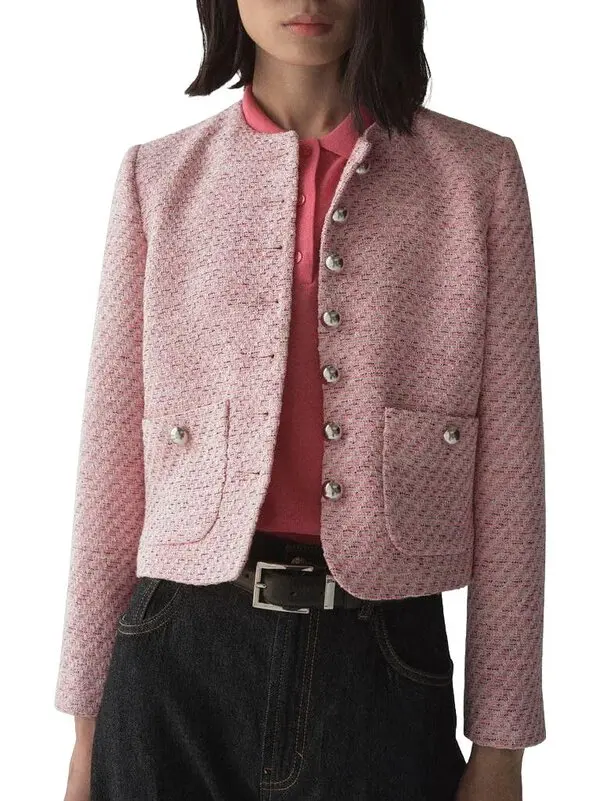 Mango Metallic Tweed Cropped Jacket - Pink