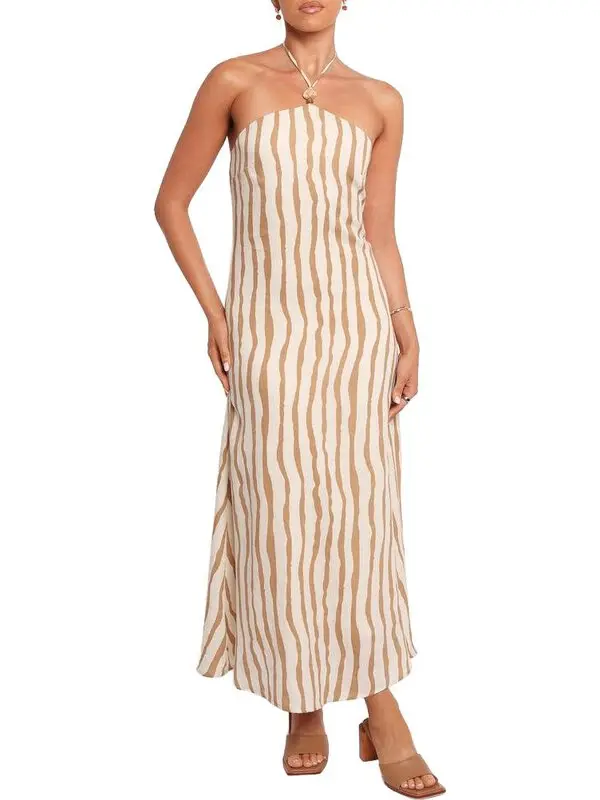 PETAL & PUP Kim Halter Maxi Dress - Tan Stripe