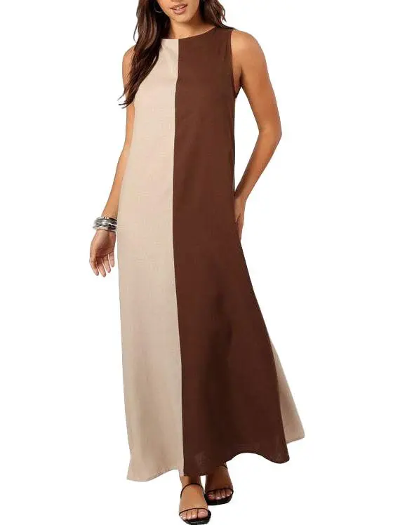 PETAL & PUP Lindi Colorblocked Maxi Dress - Brown/ Beige