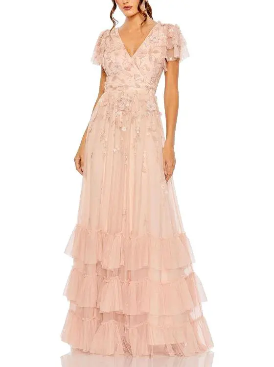 Mac Duggal Ruffle Tiered Embellished Faux Wrap Flutter Sleeve Gown - Blush