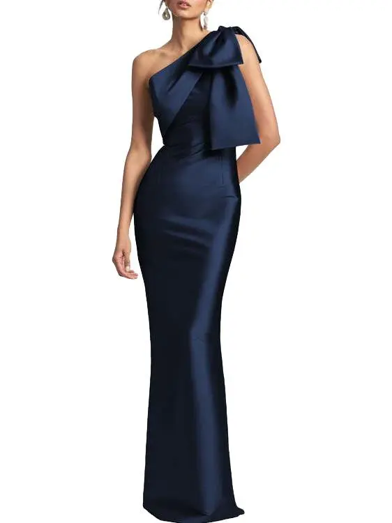 Sachin & Babi Bonnie Bow One-shoulder Gown - Midnight Sky