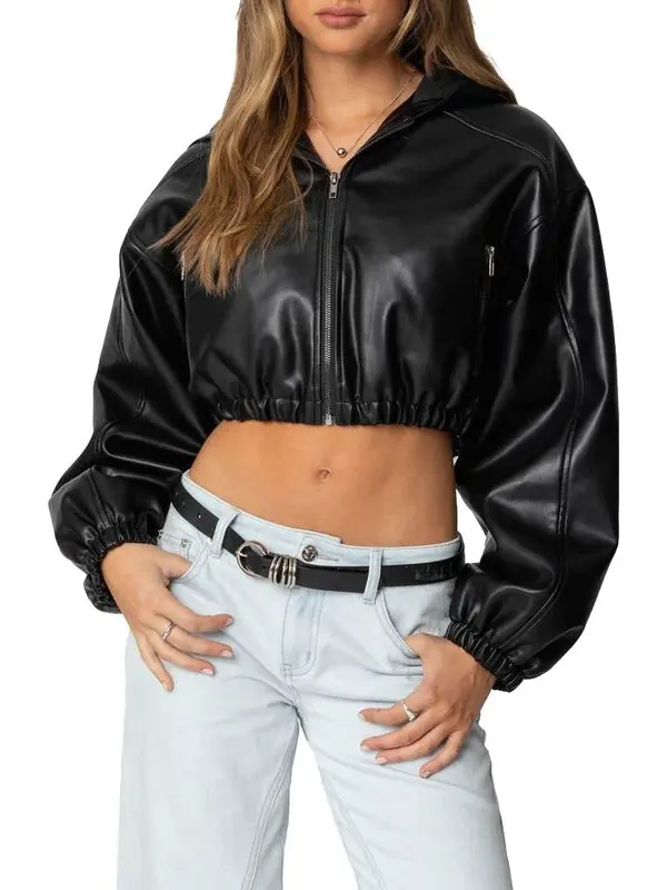 EDIKTED Crop Faux Leather Hooded Jacket - Black
