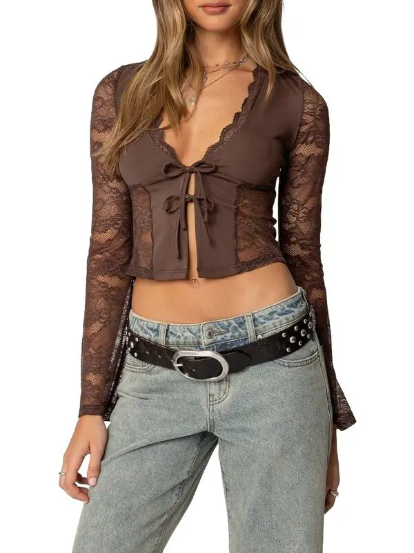 EDIKTED Stephi Lace Split Front Crop Top - Brown