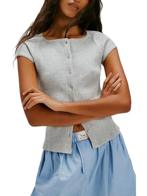 Free People Short Sleeve Cotton-blend Cardigan - Heather Grey