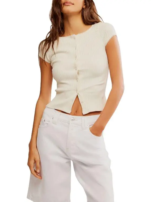 Free People Short Sleeve Cotton-blend Cardigan - Ivory