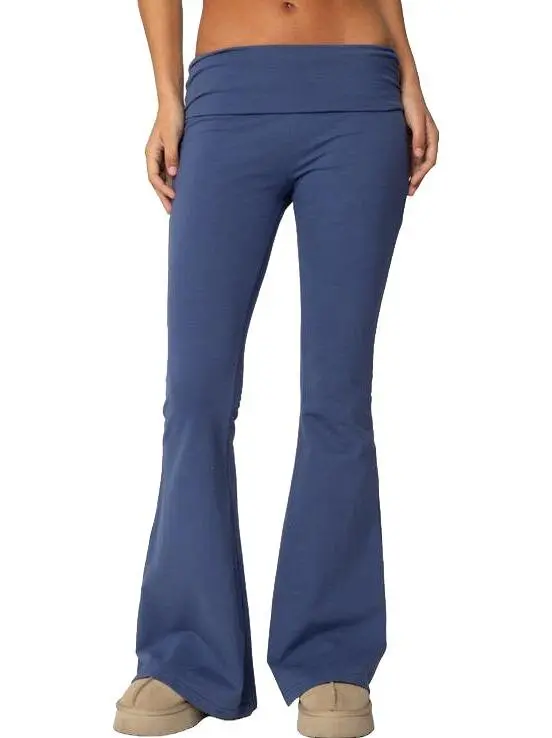 EDIKTED Aiyana Foldover Waistband Flare Pants - Blue
