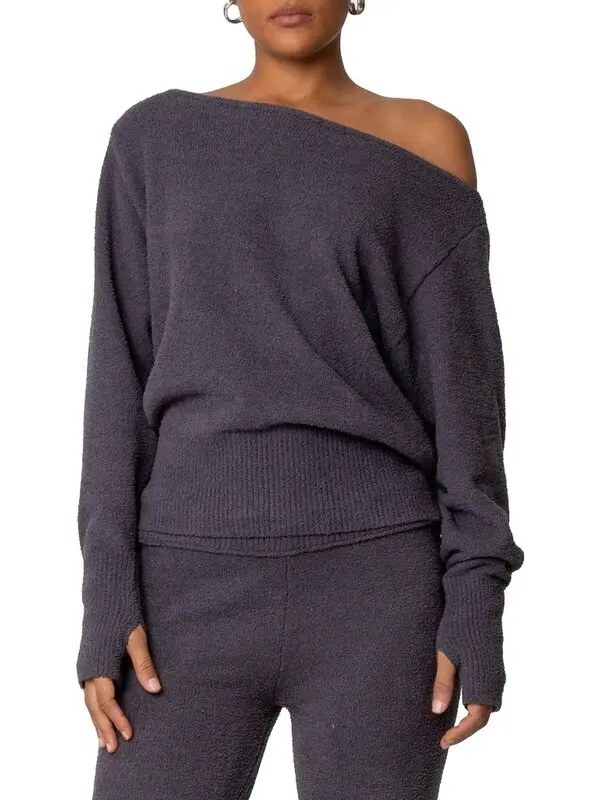 EDIKTED Plush Oversize Asymmetric Sweater - Dark-gray