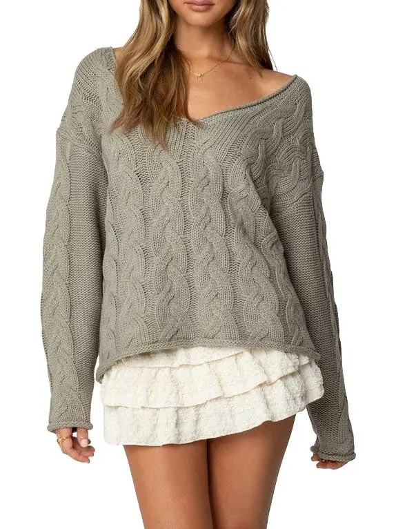 EDIKTED Inga Oversized Cable Knit V-neck Sweater - Olive