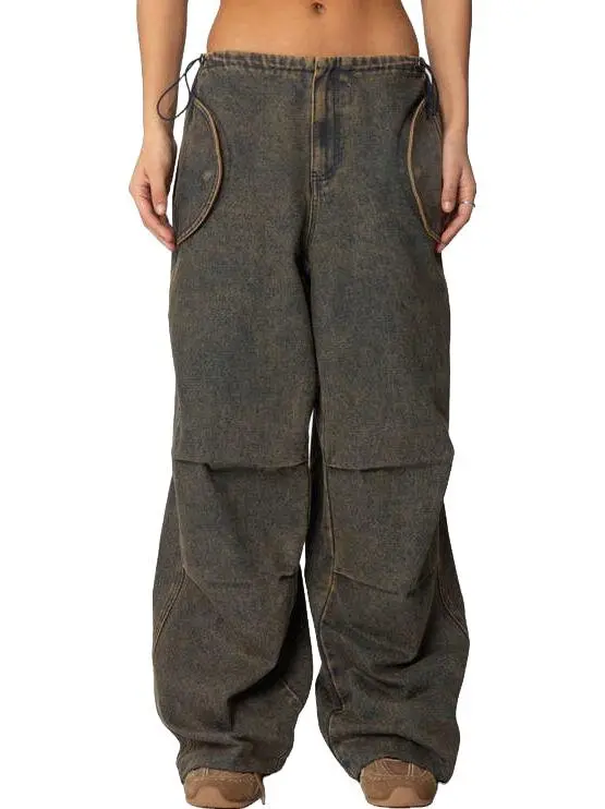 EDIKTED Regine Low Rise Oversize Parachute Jeans - Dark-blue