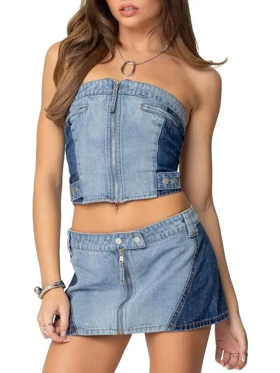 EDIKTED Reni Contrast Denim Corset Top - Blue