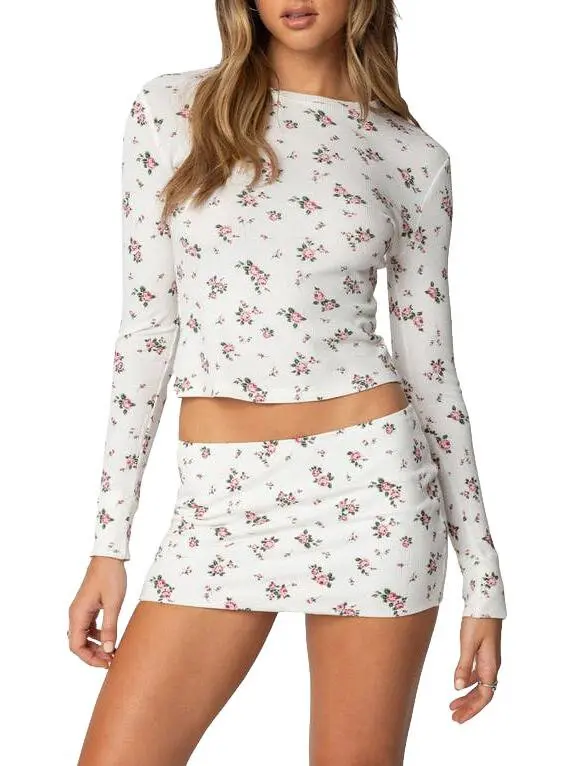 EDIKTED Melany Floral Waffle Long Sleeve T-shirt - Cream