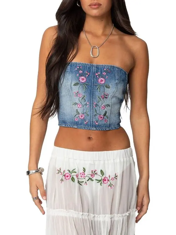 EDIKTED Tula Floral Embroidered Corset Top - Blue