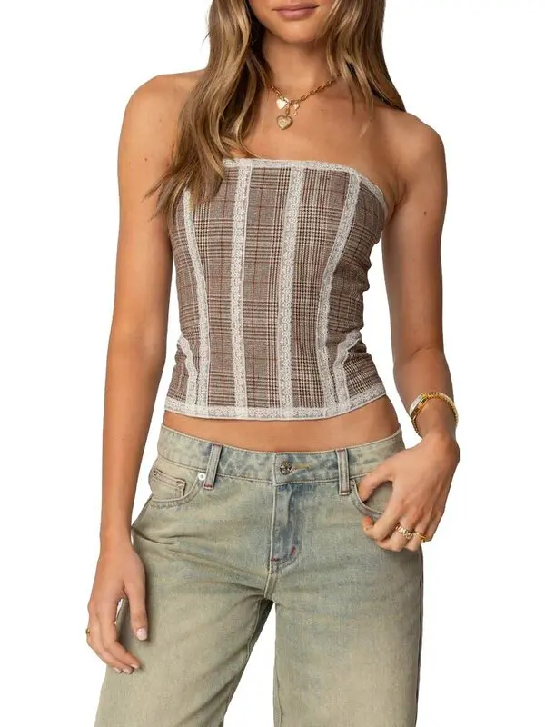 EDIKTED Jaiden Plaid Corset Top - Brown