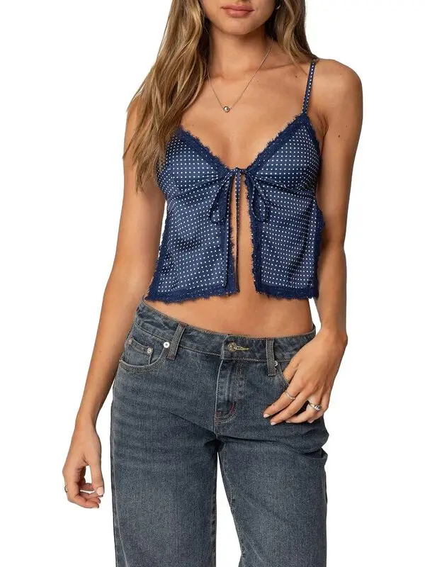 EDIKTED Polka Dot Lace Trim Satin Camisole - Navy