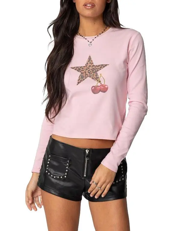 EDIKTED Cherry Leopard Star Long Sleeve Top - Pink