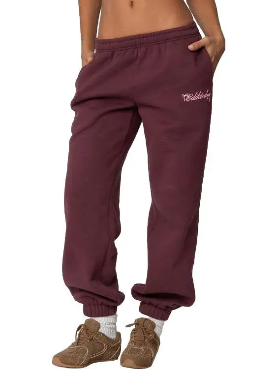 EDIKTED Sasha Bow Detail Fleece Sweatpants - Burgundy