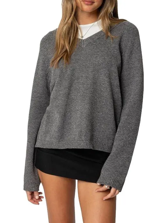 EDIKTED Martha Oversized V-neck Sweater - Dark-gray-melange