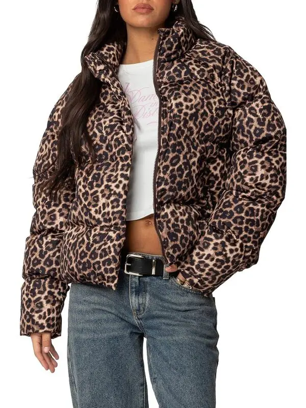 EDIKTED Dalya Print Puffer Jacket - Leopard