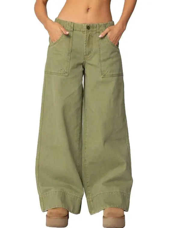 EDIKTED Vivienne Low Rise Baggy Twill Pants - Olive