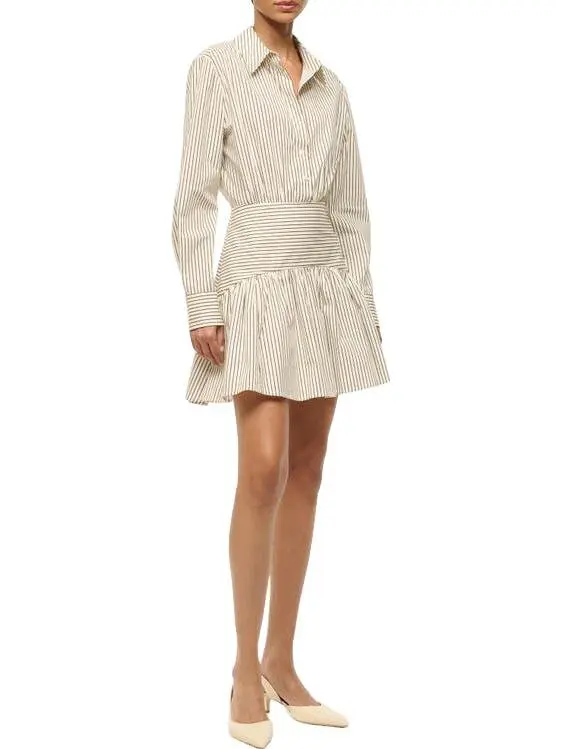 Staud Rocco Stripe Cotton Mini Shirtdress - Ivory/ Dark Oak Micro Stripe