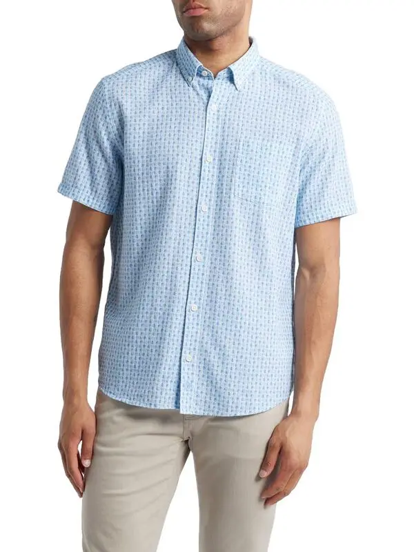 Johnston & Murphy Illusion Print Short Sleeve Cotton Button-down Shirt - Blue