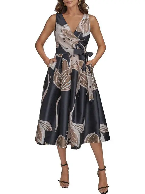 Donna Karan New York Floral Faux Wrap Cocktail Dress - Black/fawn Multi