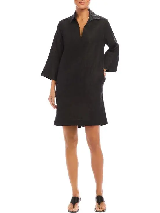 Karen Kane Long Sleeve Linen Shirt Dress - Black