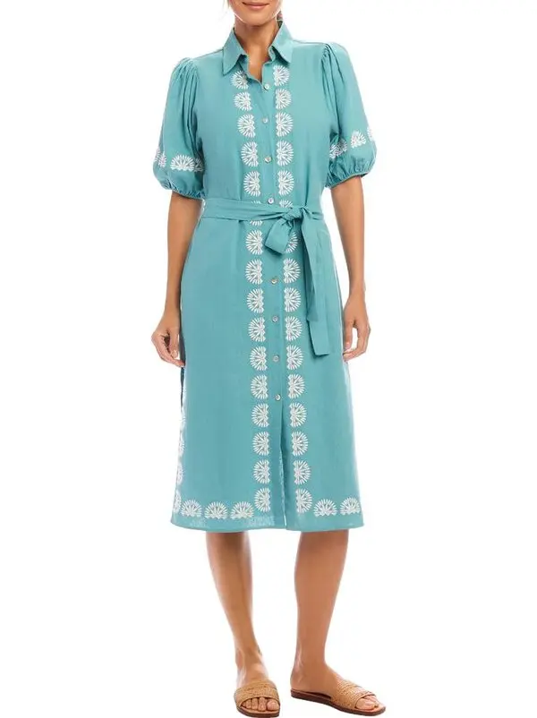 Karen Kane Embroidered Linen-blend Shirtdress - Aqua