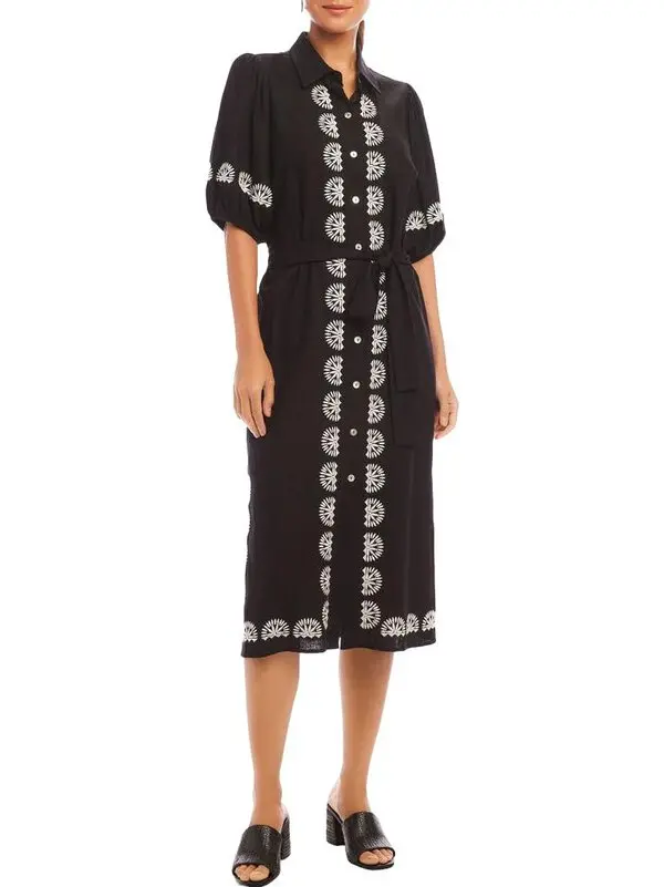 Karen Kane Embroidered Linen-blend Shirtdress - Black