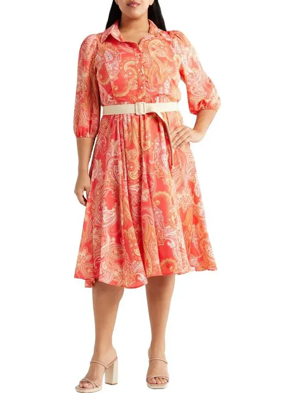 TAHARI ASL Paisley Belted Fit & Flare Shirtdress - Coral Paisley