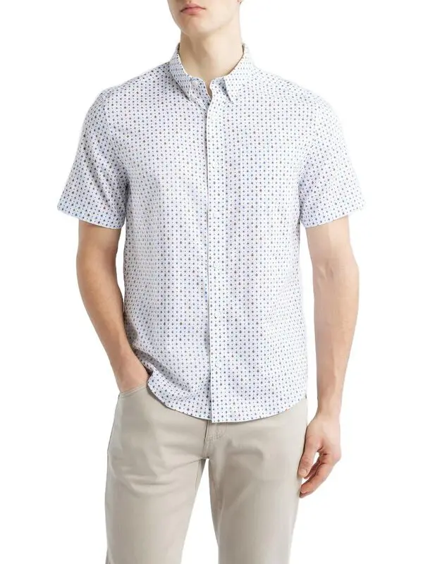 Johnston & Murphy Ditsy Floral Print Short Sleeve Button-up Shirt - White Multi