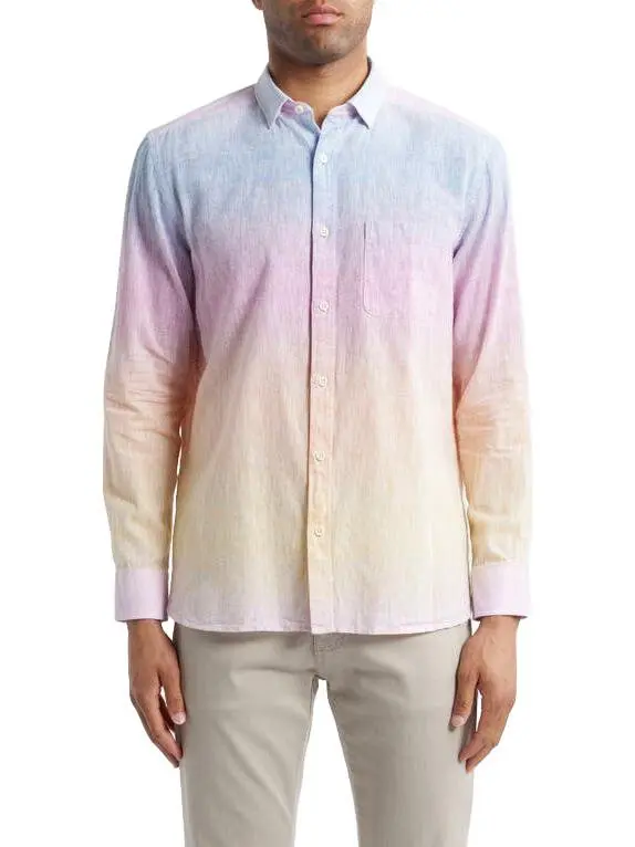 Johnston & Murphy Ombré Linen & Cotton Button-up Shirt - Blue/pink