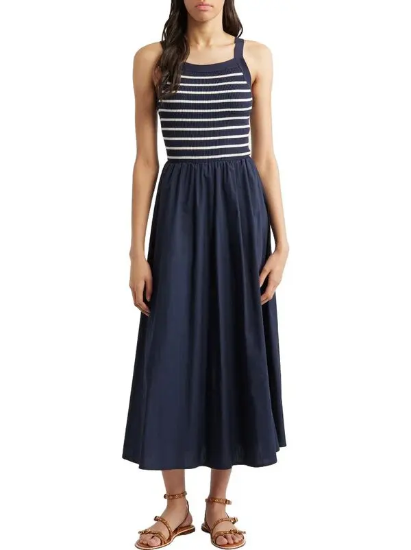 Moon River Stripe Bodice Mixed Media Midi Dress - Navy